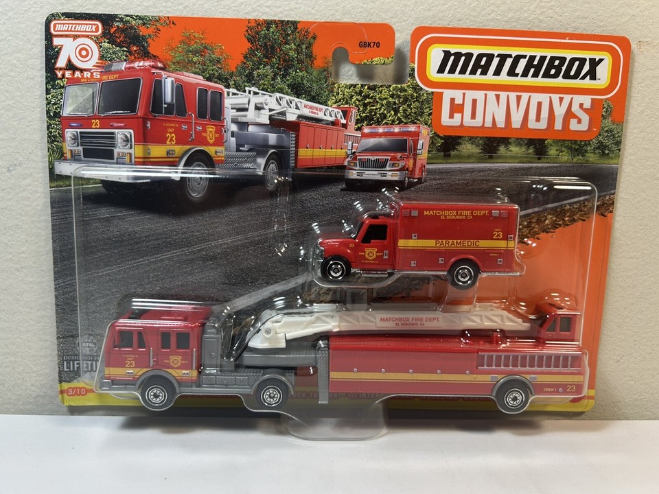 MATCHBOX CONVOYS MEGA TON FIRETRUCK TILLER LADDER & WORKSTAR AMBULANCE ...