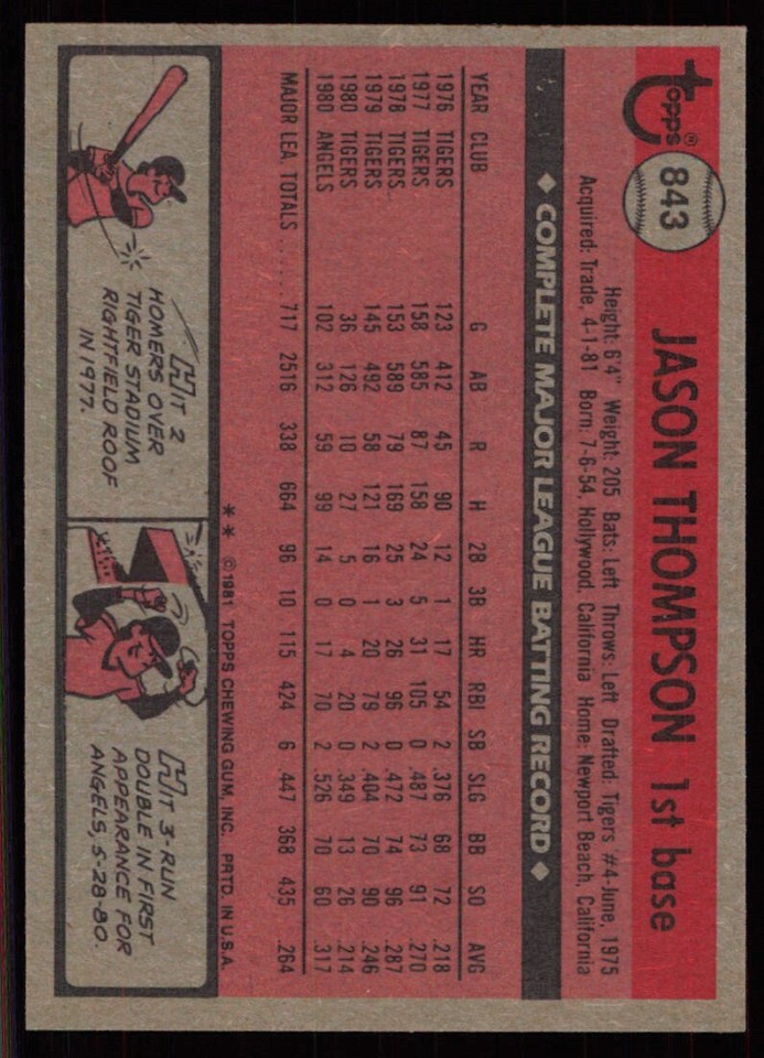 1981 Topps Traded Jason Thompson Pittsburgh Pirates #843 | eBay