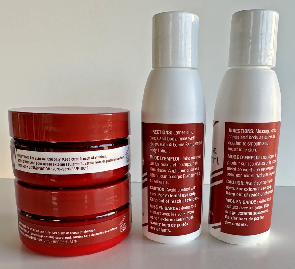 Arbonne Pampermint mini set body wash/lotion foot scrub/cream 2 oz ea ...