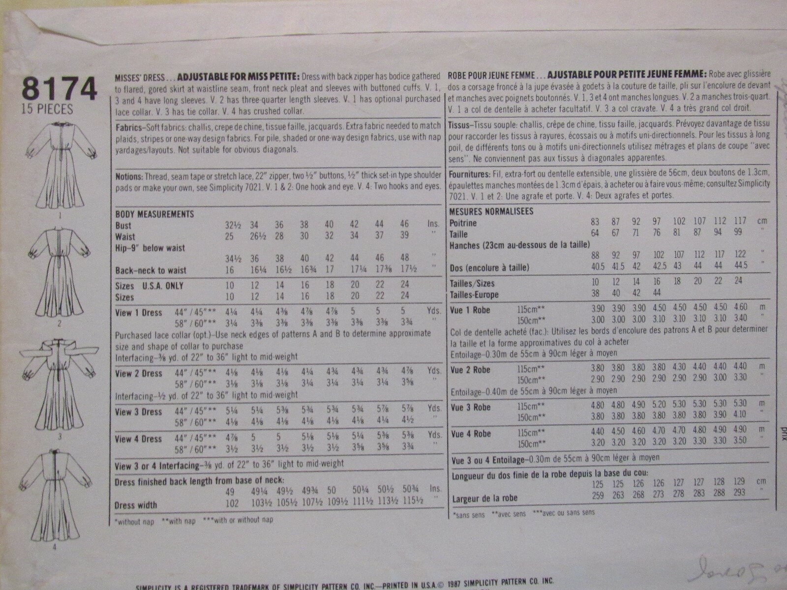 VTG 87 SIMPLICITY 8174 Misses/MP Flared Dress in 4 Versions PATTERN 14-16-18-20 | eBay