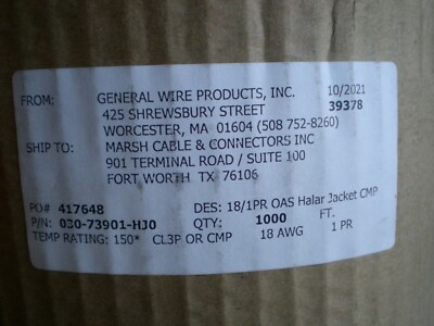 General Wire Prod 18/1PR Stranded OAS/ CMP OR CL3P/ Halar Jacket (1000 ...
