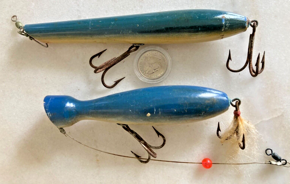 LOT VTG 2 TOPWATER WOOD LURES STRIPER POPPERS SURFACE CRANKBAITS MUSKIE ...