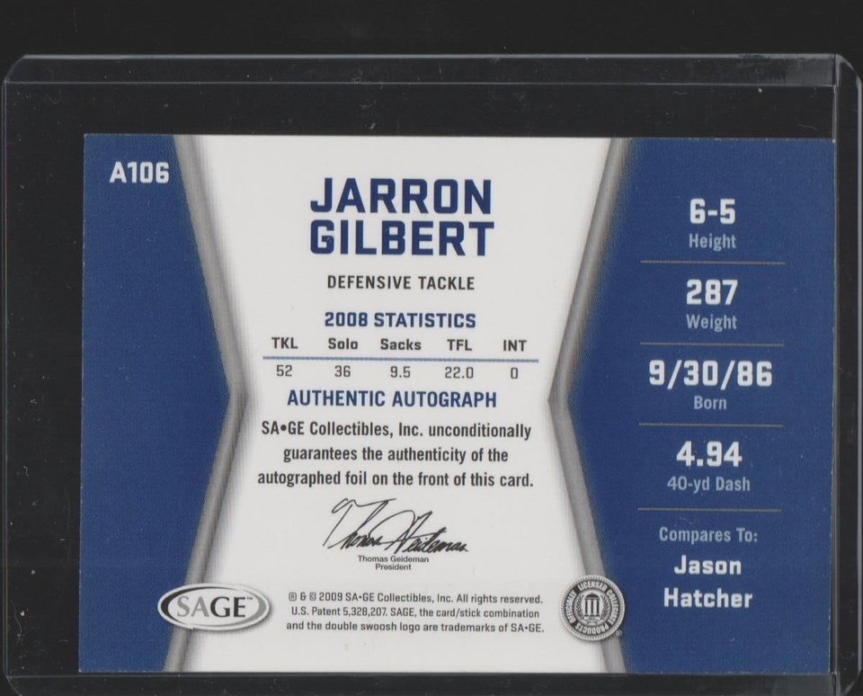Jarron Gilbert (Chicago Bears) 2009 Sage Hit Silver Rookie Autograph ...