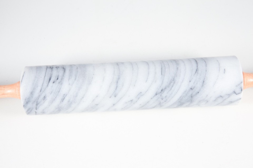 Barrel Rolling Pin Carerra Marble Wood Handles 18" White Gray Vintage ...