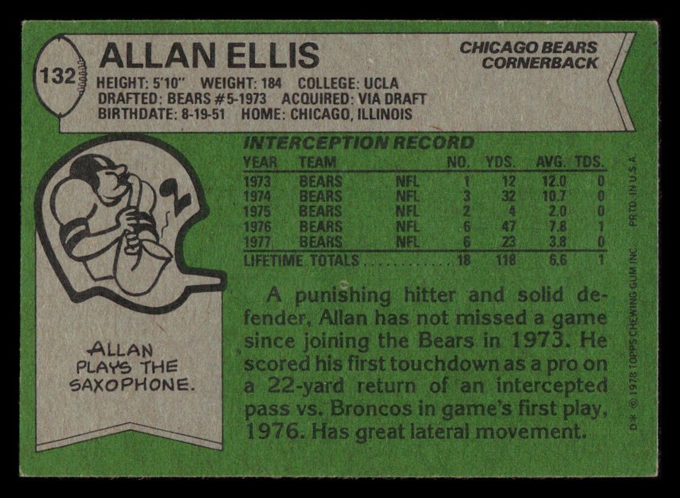 1978 Topps Allan Ellis #132 Chicago Bears LOW GRADE Card | eBay