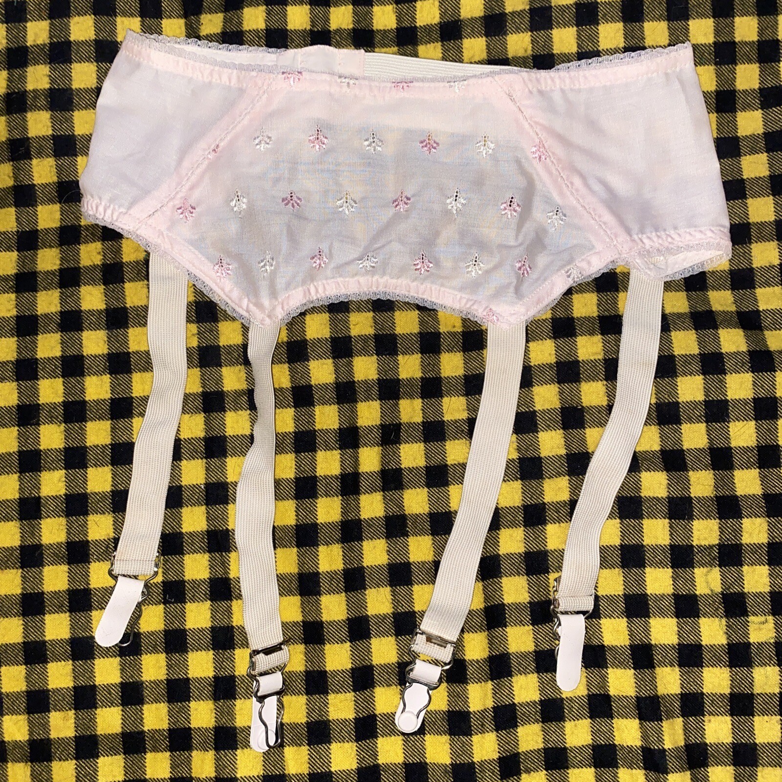 Vintage 1970’s NOS Pin-up Girl Pink Embroidered Garter Belt Metal Clips ...