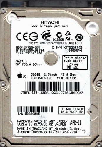 HTS547550A9E384 P/N: 0J15361 MLC: DA3932 MAC 655-1683A Thailand Hitachi ...