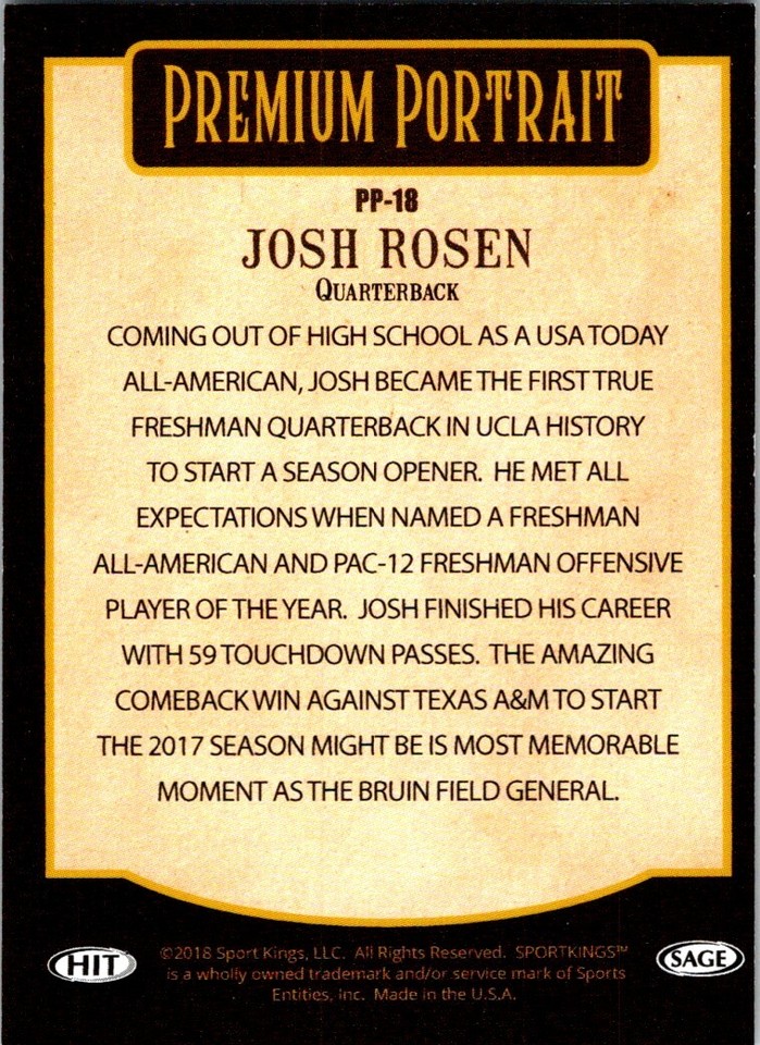 2018 SAGE HIT Premium Portrait Josh Rosen UCLA Bruins #PP-18 | eBay