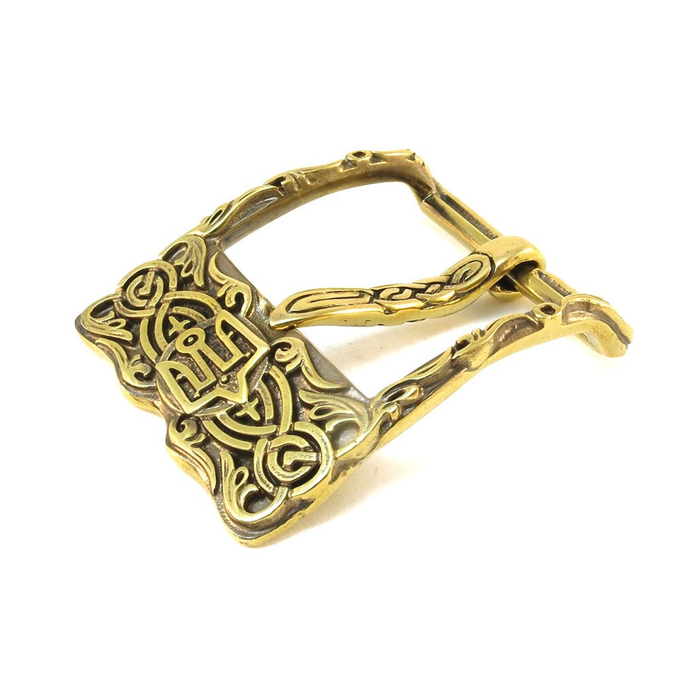Leather belt with brass buckle Runic, Pin type, frame belt with ...