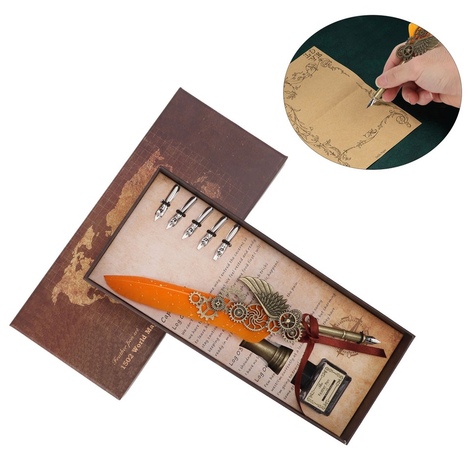 Feather Quill Pen And Ink Set Writing Smoothly Vintage Style Carving ...