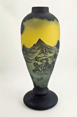 Large Cameo Art Glass Vase with Mountains - Signed Galle Tip 16.5 Inch ...