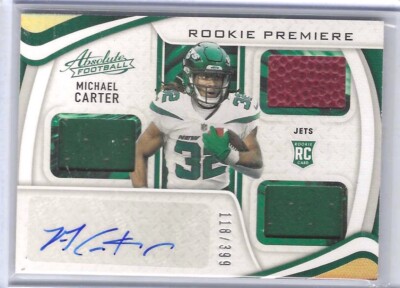 MICHAEL CARTER 2021 PANINI ABSOLUTE ROOKIE TRIPLE PATCH AUTO RC #D 118/ ...