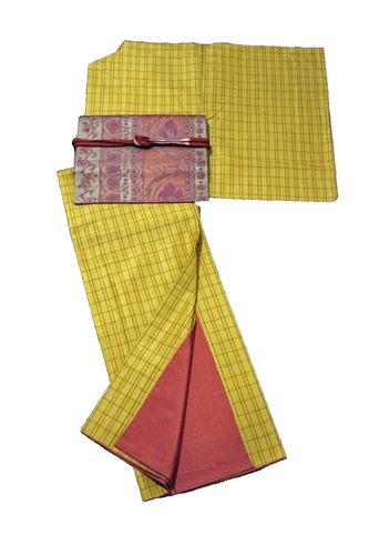 156cm Yellow Plaid Yonezawa Tsumugi Kimono with Floral Obi and Orange ...