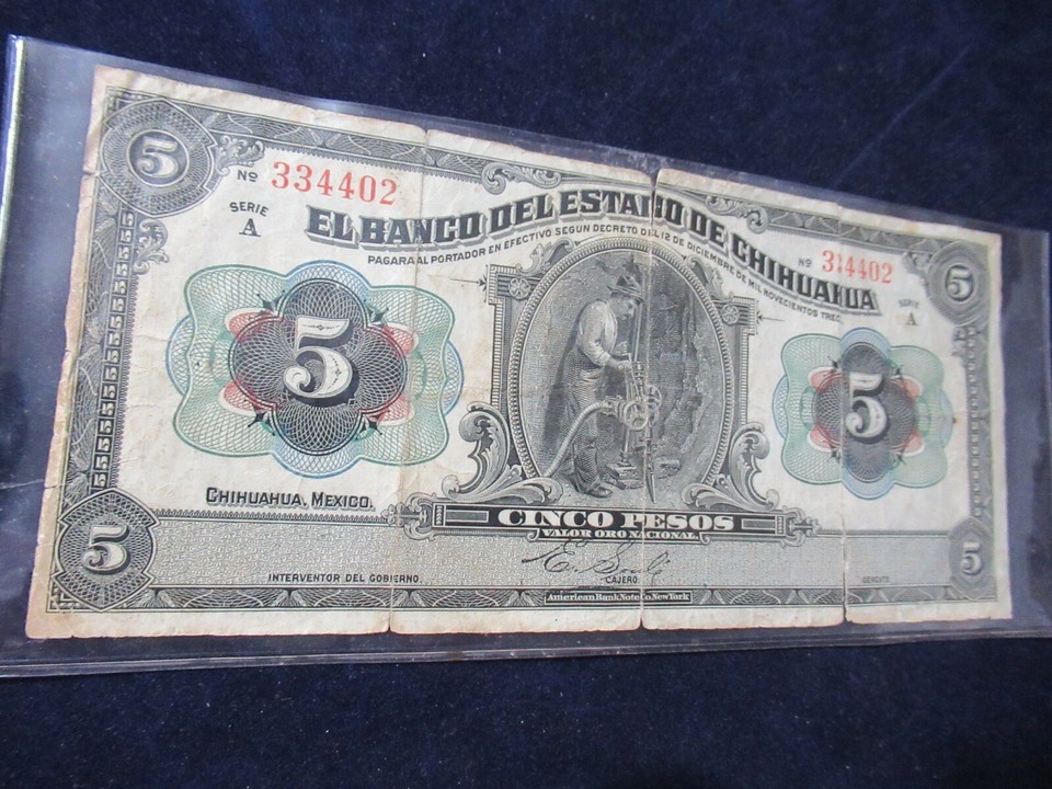 Rare 1913 Mexico Antique Banknote Currency, 5 Pesos, Eagle with Snake ...