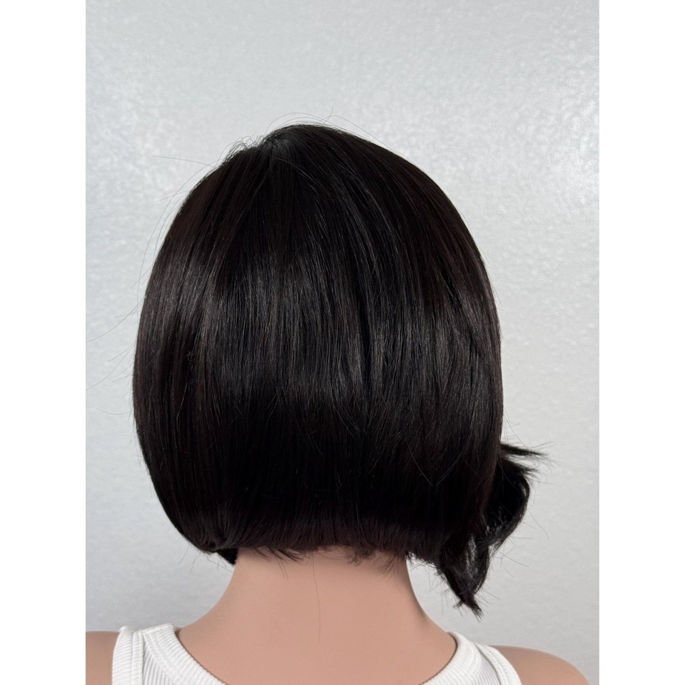 Natural Black Short Stacked Bob Human Hair Blend Wig with Side Full ...