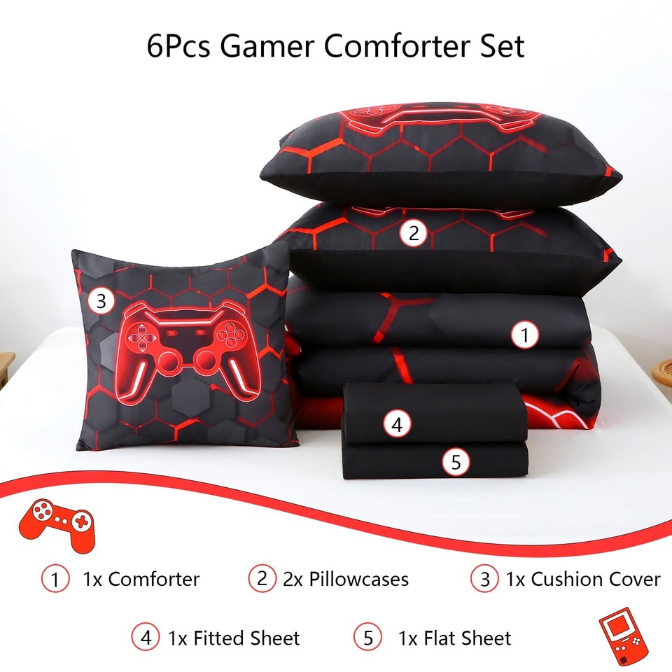 6 Pieces Kids Gaming Bedding Set Black and Red Twin Comforter Set for ...