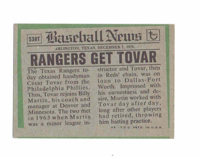 Cesar Tovar Texas Rangers 3B-OF Traded #538T TCG 1973 #Baseball Card | eBay