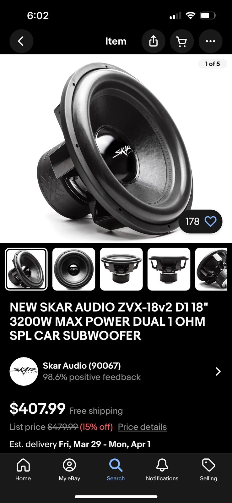 NEW SKAR AUDIO ZVX-18v2 D1 18" 3200W MAX POWER DUAL 1 OHM SPL CAR ...