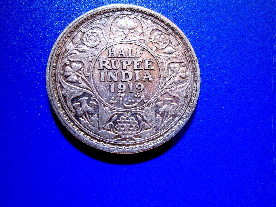 India 1919 1/2 Rupee Bombay (Great Britain) SILVER Geo. V KM#522 ...