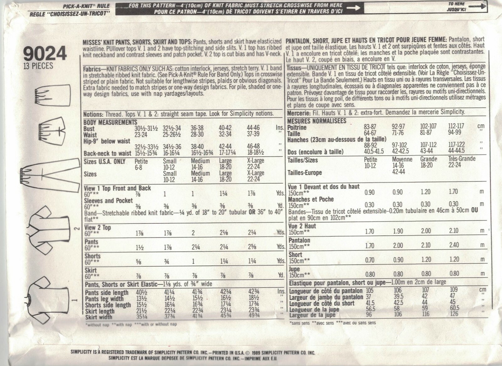 9024 SIMPLICITY Misses' Knit Pants Shorts Skirt & Tops Easy OOP PATTERN ...