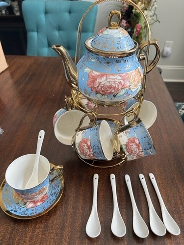 20 Piece Tea Set With Golden Metal Stand 27oz Tea Pot Cups Saucers ...