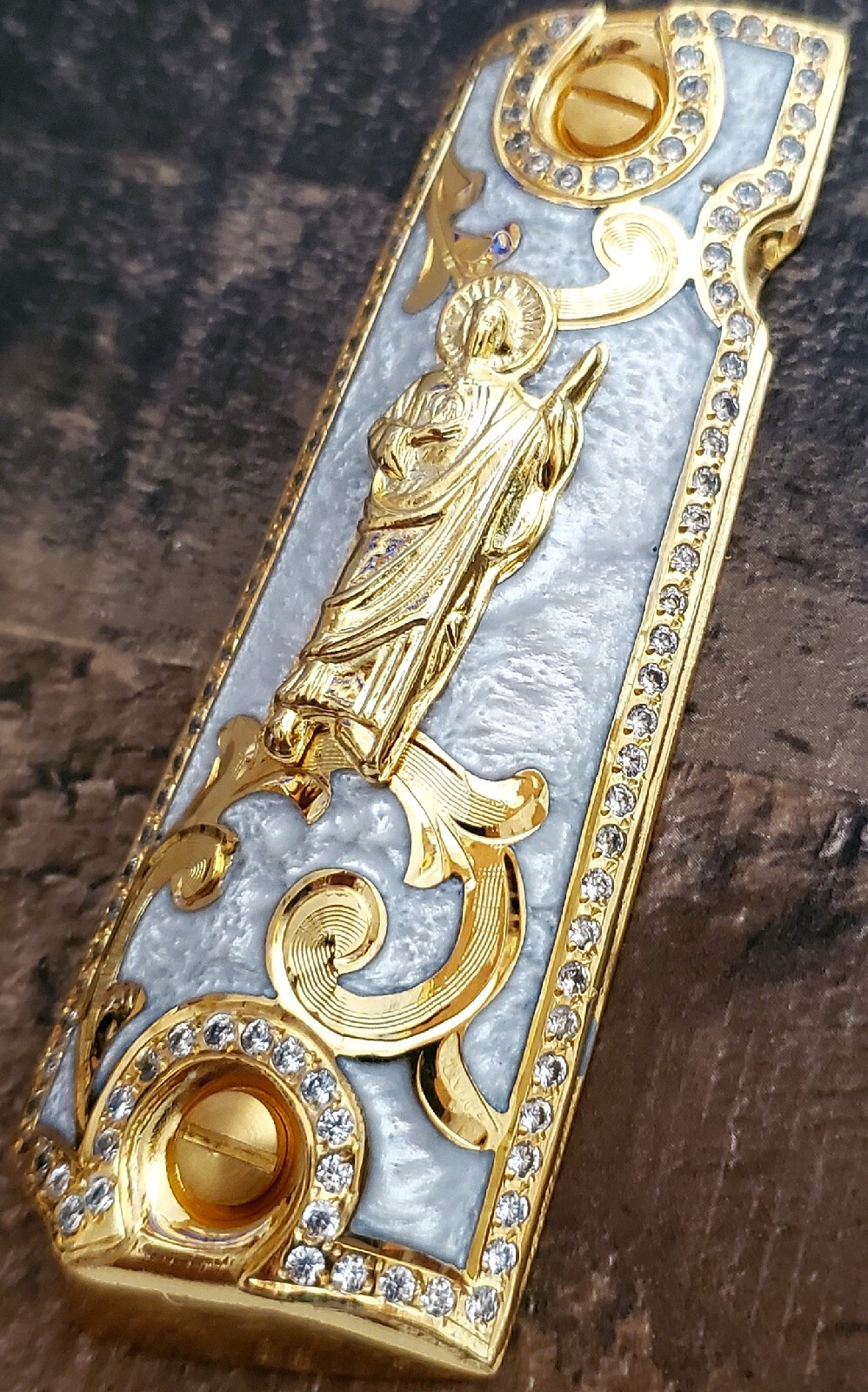 cachas San judas zirconias 1911 full size custom pistol gold plated ...