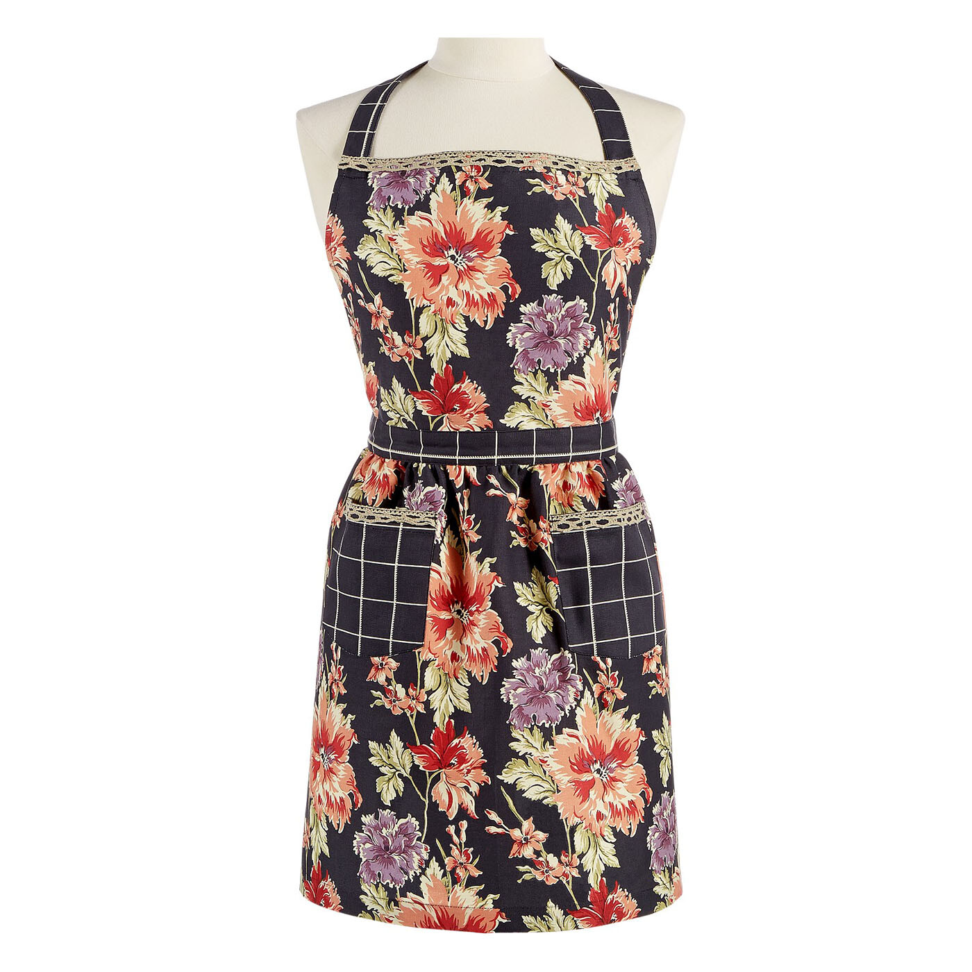 MARTHA STEWART Sz O/S FLORAL PRINT APRON and OVEN MITT Dark Ground ...