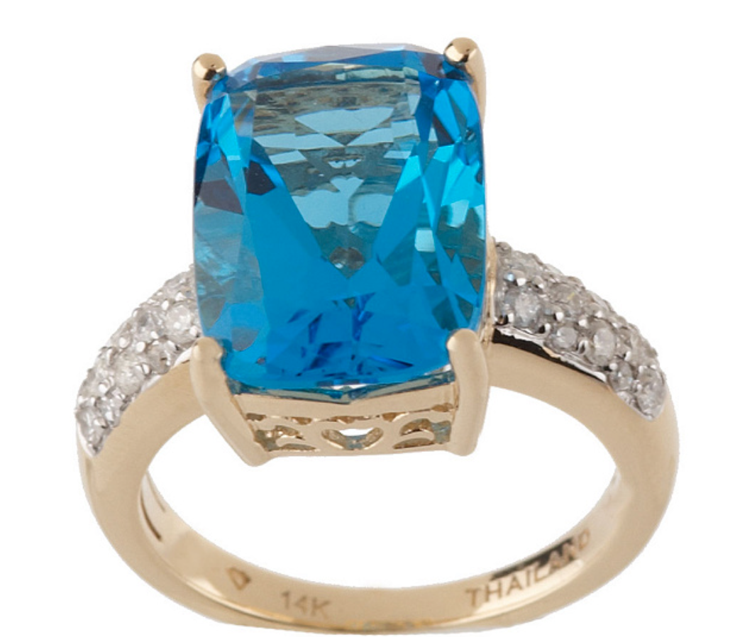 VINTAGE QVC~14K YELLOW GOLD~PREMIER OSTRO BLUE TOPAZ DIAMOND RING ...