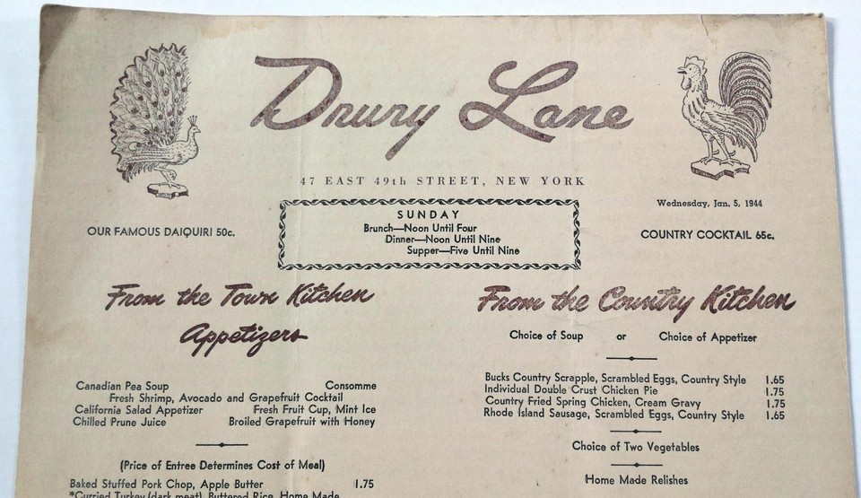 1944 WWII War Time OPA Rationing Menu DRURY LANE Restaurant 49th St ...