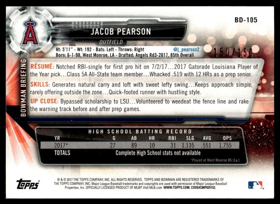 2017 Bowman Draft Blue Jacob Pearson 150/150 Los Angeles Angels #BD-105 ...