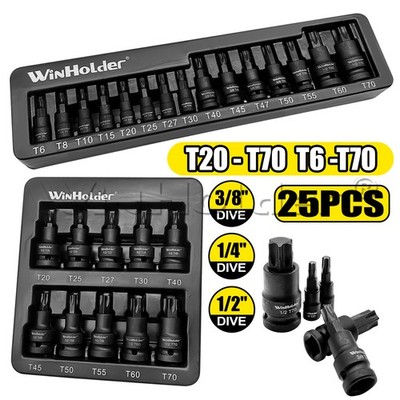 25PCS 1/4" 3/8" 1/2" Drive IMPACT TORX Star BIT Sockets Set T6 to T70 ...
