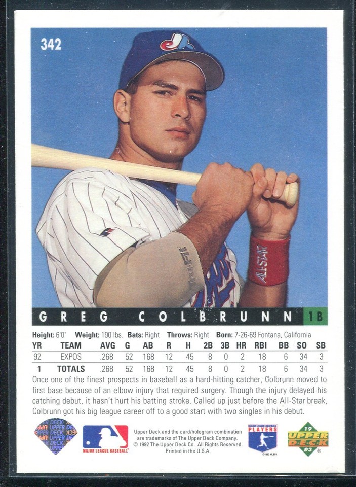 1992 Upper Deck Baseball Greg Colbrunn #342 Montreal Expos | eBay