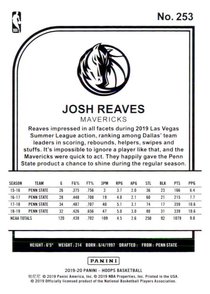 2019-20 NBA Hoops Josh Reaves Mavericks #253 Rookie RC PWE | eBay