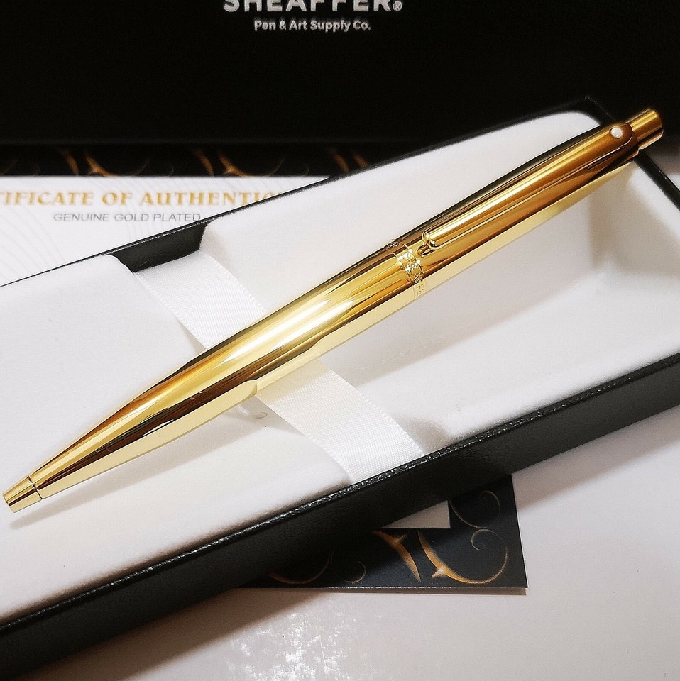 Sheaffer Vfm Pen Ballpoint Push Button Black Ink Boxed 24ct Gold Plated ...