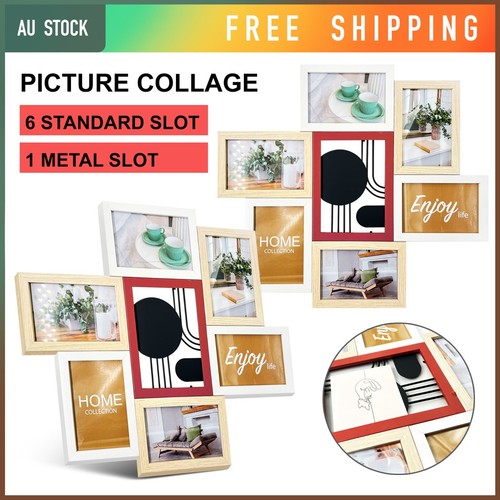 7 Slots Picture Magnetic Frame Collage Metal Wooden Wall Hanging 4 x 6 ...
