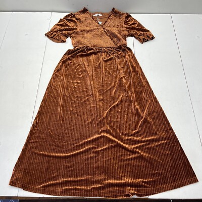 Sissyaki Brown Rust Velvet Ribbed Short Sleeve Dress Long Smocked Flowy ...