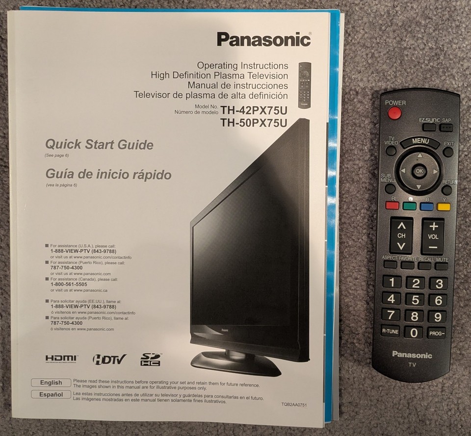 Panasonic Viera 42" 720p HD Plasma TV Stand Remote Book TH-42PX75U ...