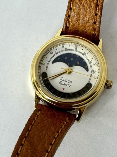 Timex Vintage 1990s Sun Moon Date Gold Tone Leather Strap 25mm Womens ...