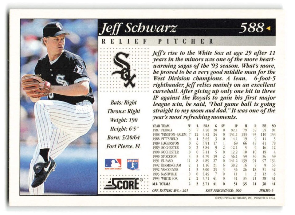 Jeff Schwarz 1994 Score BASEBALL #588 Chicago White Sox | eBay