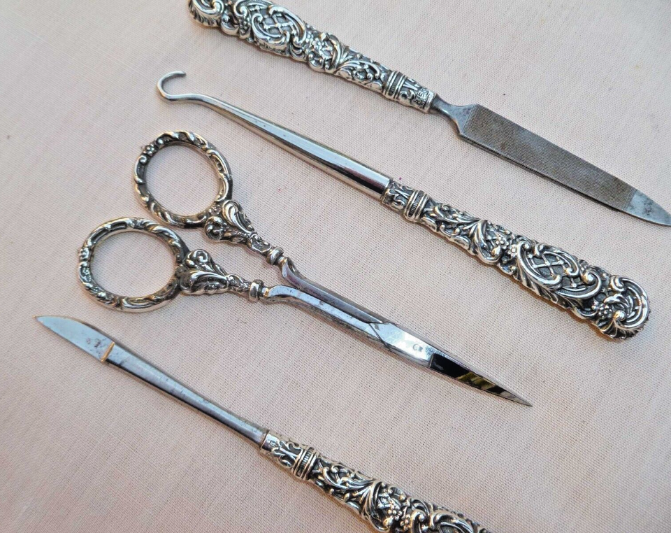 ANTIQUE BOXED REPOUSSE SILVER MANICURE SET TOOLS – BUTTON HOOK ...