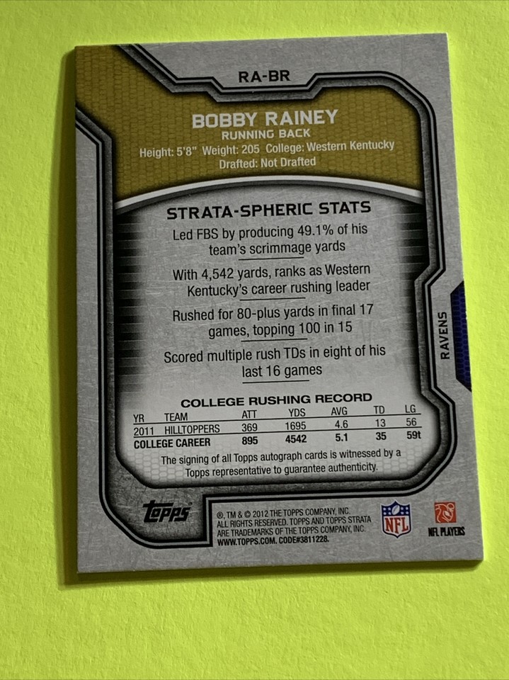 2012 Topps Strata Bobby Rainey Rookie Auto 133/150 Bronze #RA-BR BAL ...