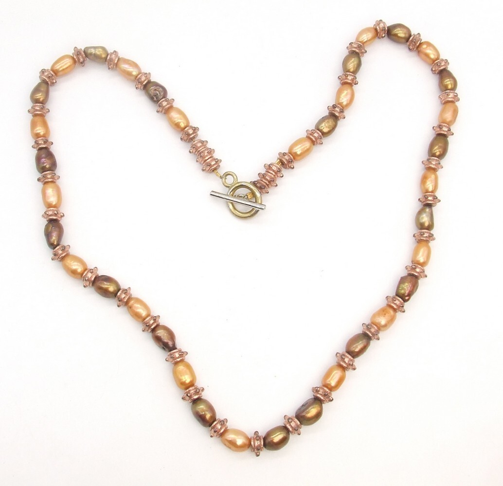 24" Gold & Iridescent Bronze Baroque Pearls/Copper Da… - Gem