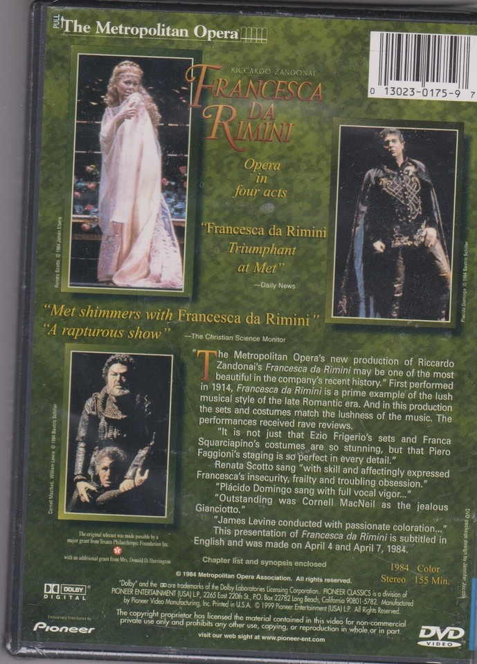 Francesca Da Rimini DVD NEW The Metropolitan Opera - Renata Scotto ...