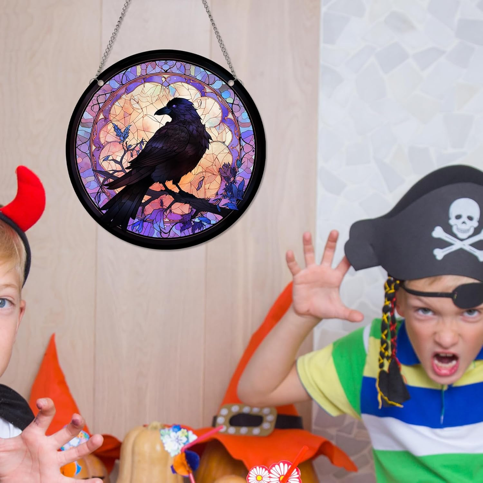 Crows Halloween Decor Reddish Purple Crow Stained Acrylic Window ...