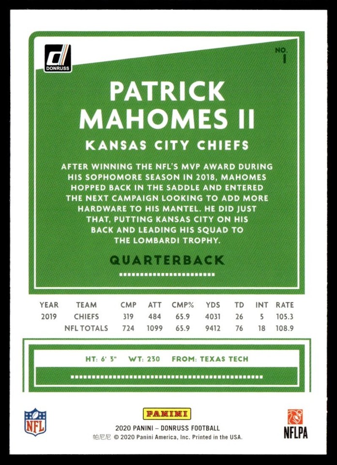2020 Donruss Patrick Mahomes II Kansas City Chiefs #1 | eBay