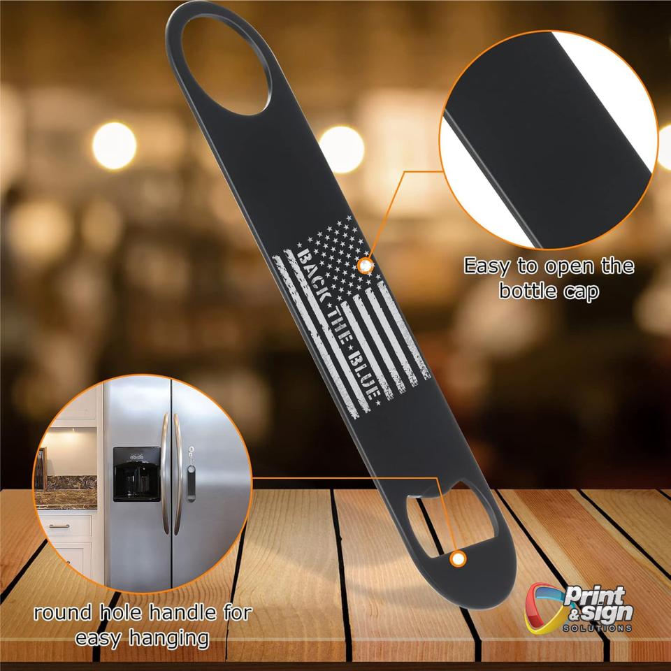 BACK THE BLUE Beer Bottle Opener Stainless Steel Black coated Laser ...