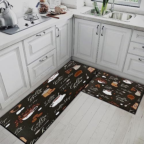 Coffee Kitchen Rugs and Mats Non Skid Washable Set of 2, Tea Shop ...