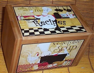 Wood Chef Recipe Box Bamboo Soup Cafe Latte Kitchen Decor Waiter ...
