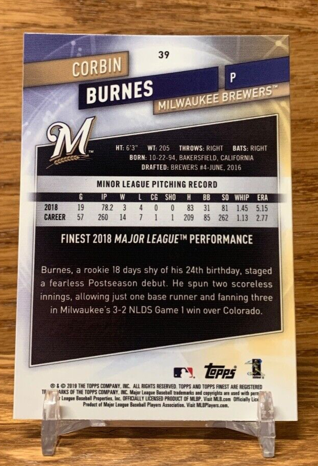 CORBIN BURNES Rookie Card | 2019 Topps Finest Finest MILWAUKEE BREWERS ...