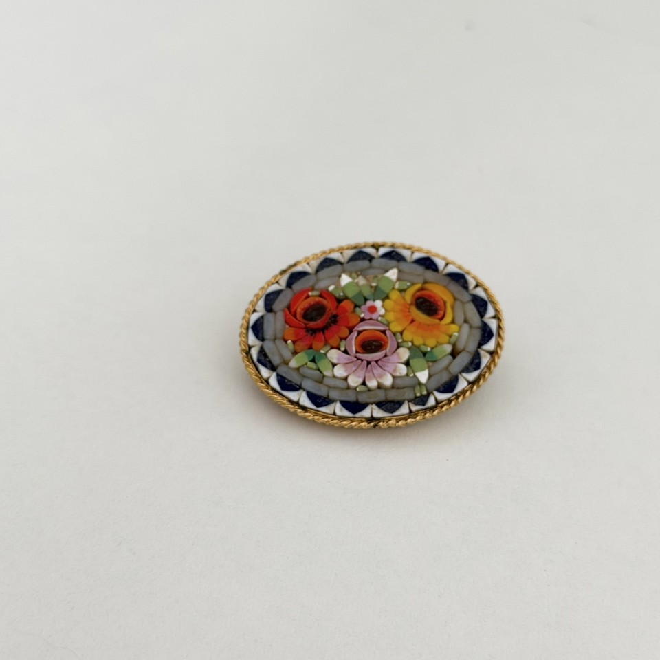 Vintage Micro Mosaic Millefiori Flower Blue Pink Red Floral Gold Tone ...